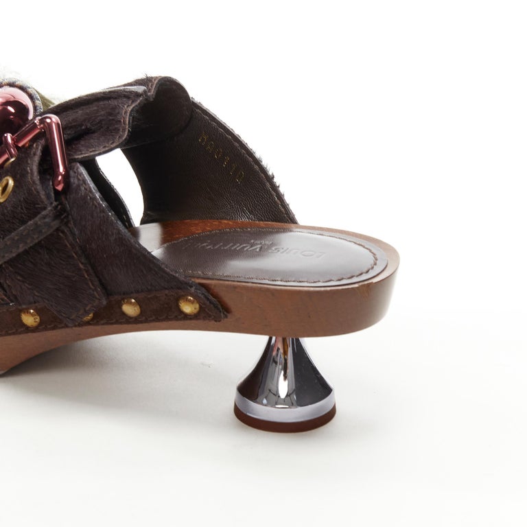 rare LOUIS VUITTON 2010 Runway black fur tassel metal heel wooden clog ...
