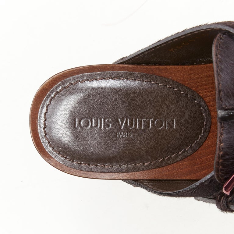 rare LOUIS VUITTON 2010 Runway black fur tassel metal heel wooden clog ...