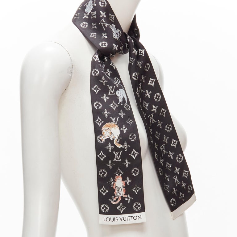 rare LOUIS VUITTON Catogram black white monogram silk bandeau neck tie ...
