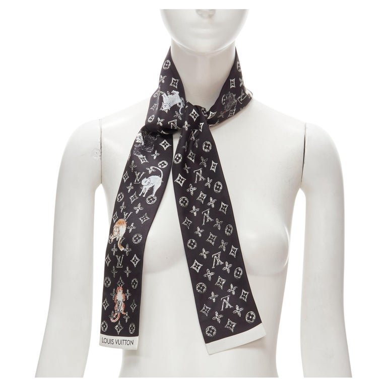 rare LOUIS VUITTON Catogram black white monogram silk bandeau neck tie ...