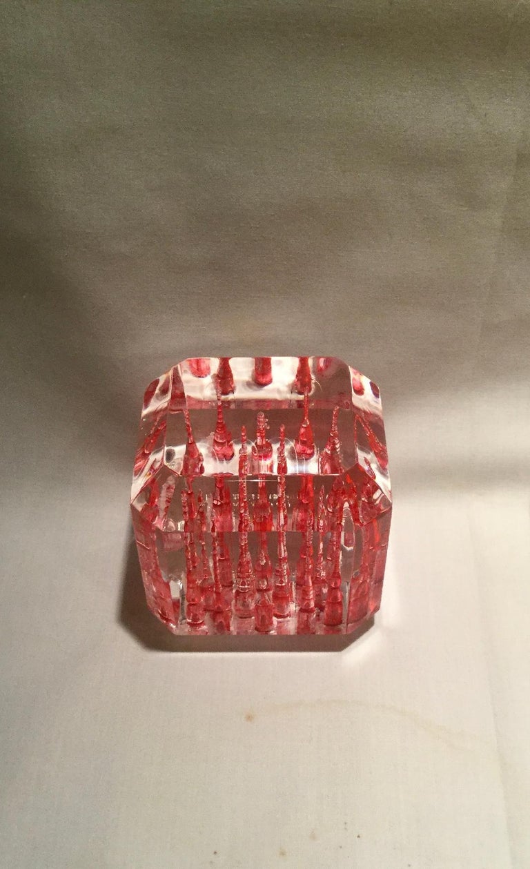 Rare Lucite Cube Paperweight-Clear and Red at 1stDibs