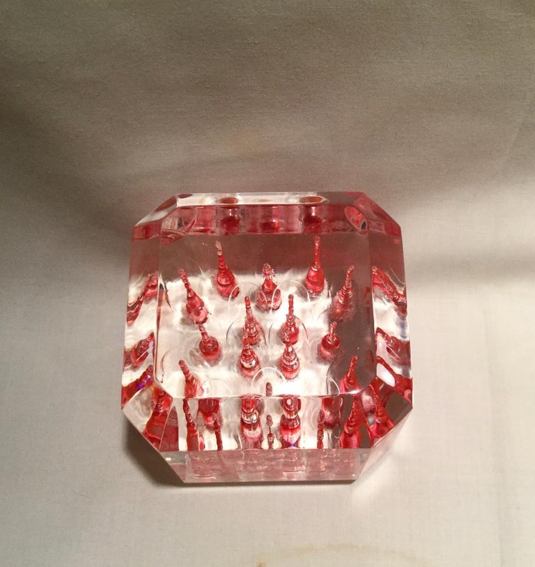 Rare Lucite Cube Paperweight-Clear and Red at 1stDibs