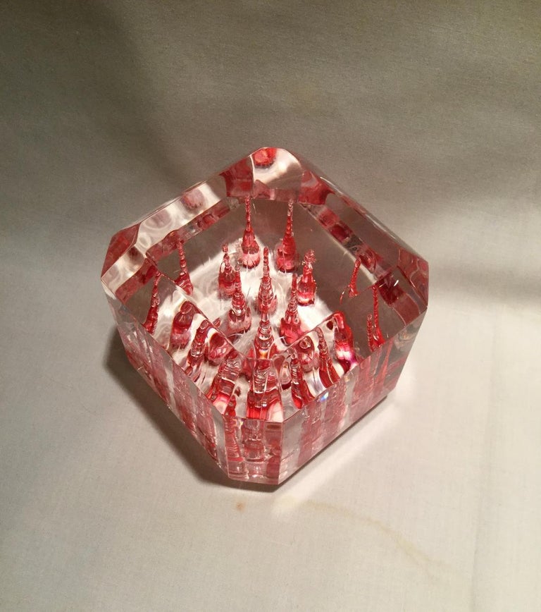 Rare Lucite Cube Paperweight-Clear and Red at 1stDibs