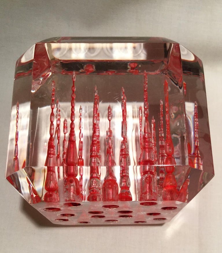 Rare Lucite Cube Paperweight-Clear and Red at 1stDibs