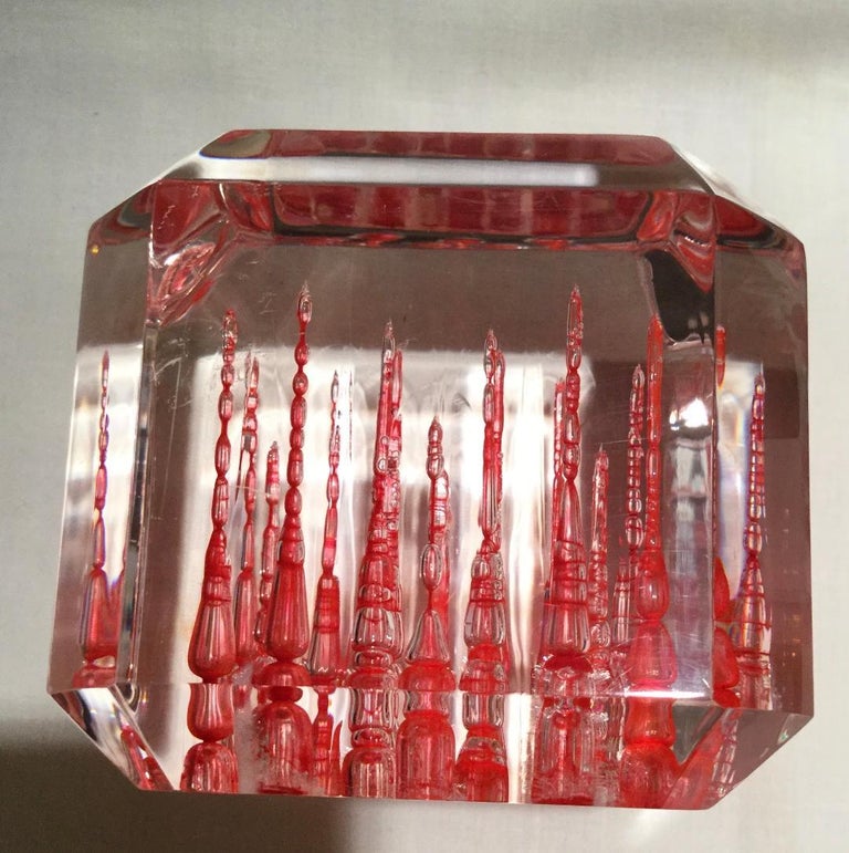 Rare Lucite Cube Paperweight-Clear and Red at 1stDibs