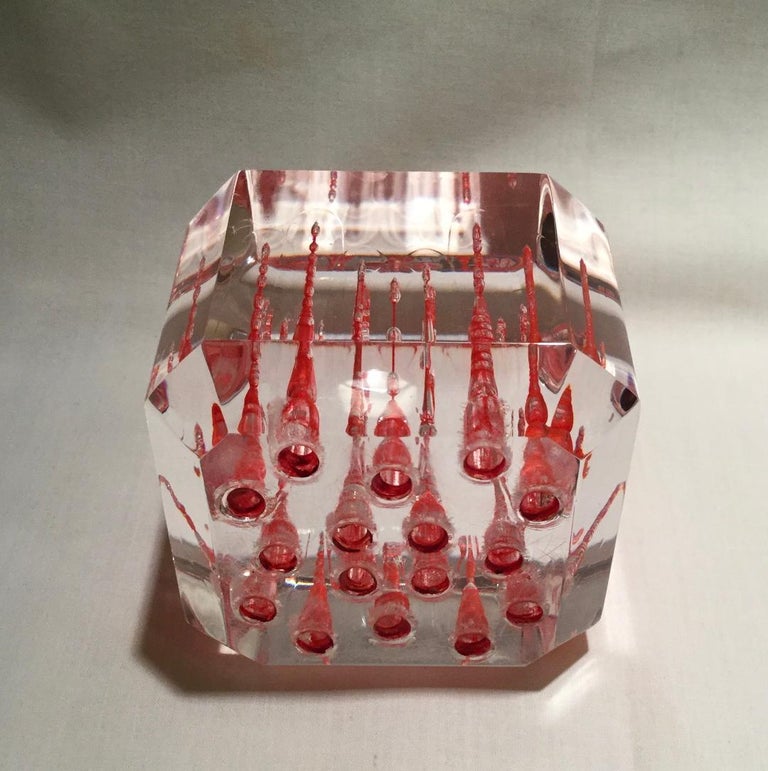 Rare Lucite Cube Paperweight-Clear and Red at 1stDibs