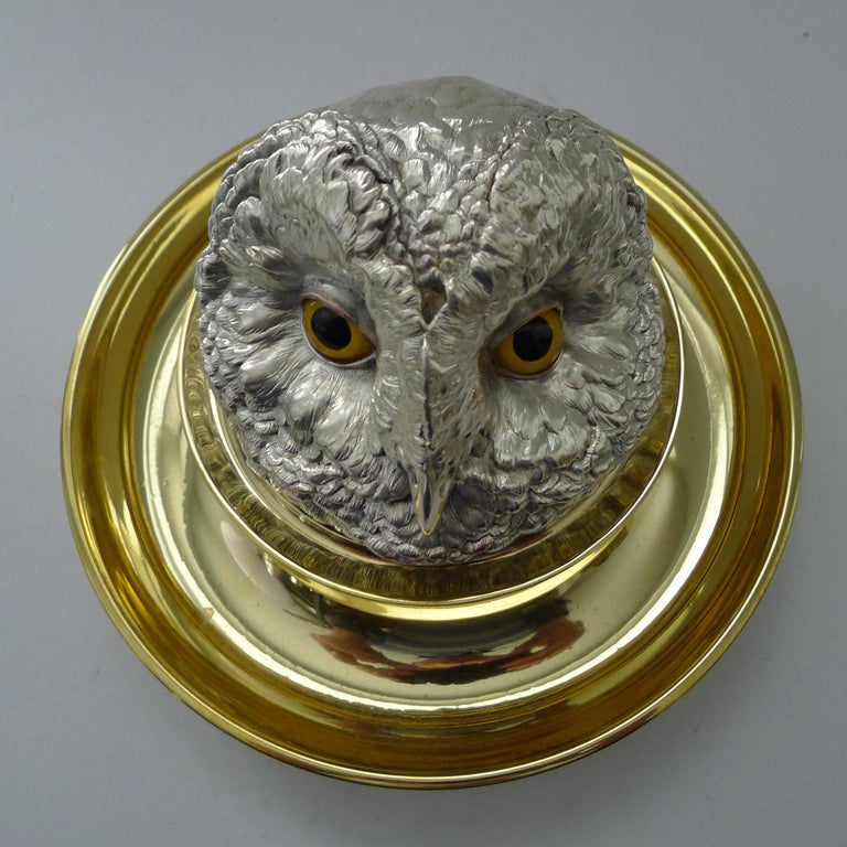 Rare Mammoth English Victorian Novelty Inkwell, Owl with Glass Eyes C ...