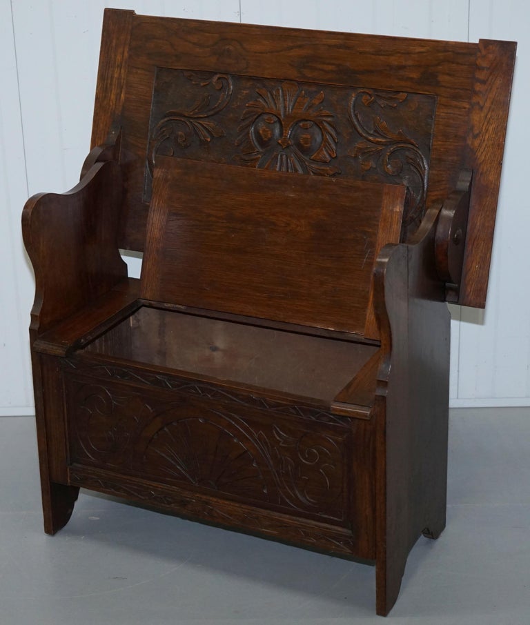 Rare Metamorphic Solid English Oak Monks Bench with Tilt-Top Table and Storage at 1stDibs