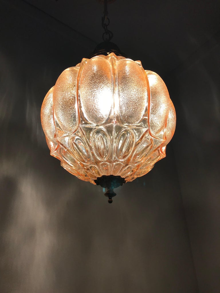 Rare MidCentury Modern Amber w Goldtone Glass and Brass Pendant / Light ...