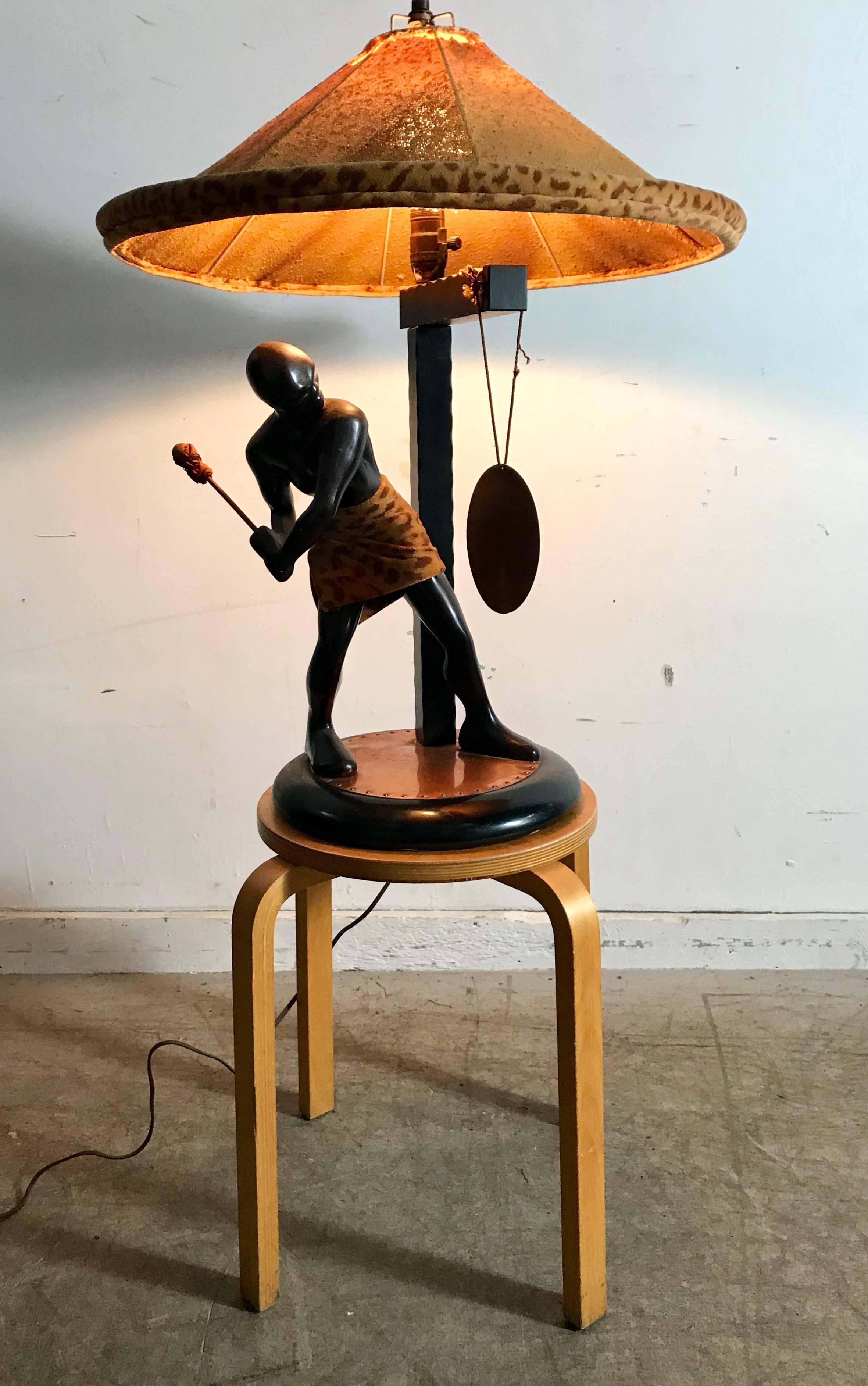 Rare Mid-Century Modern Table Lamp, Nubian Man Hitting Gong, Moss Lamp ...
