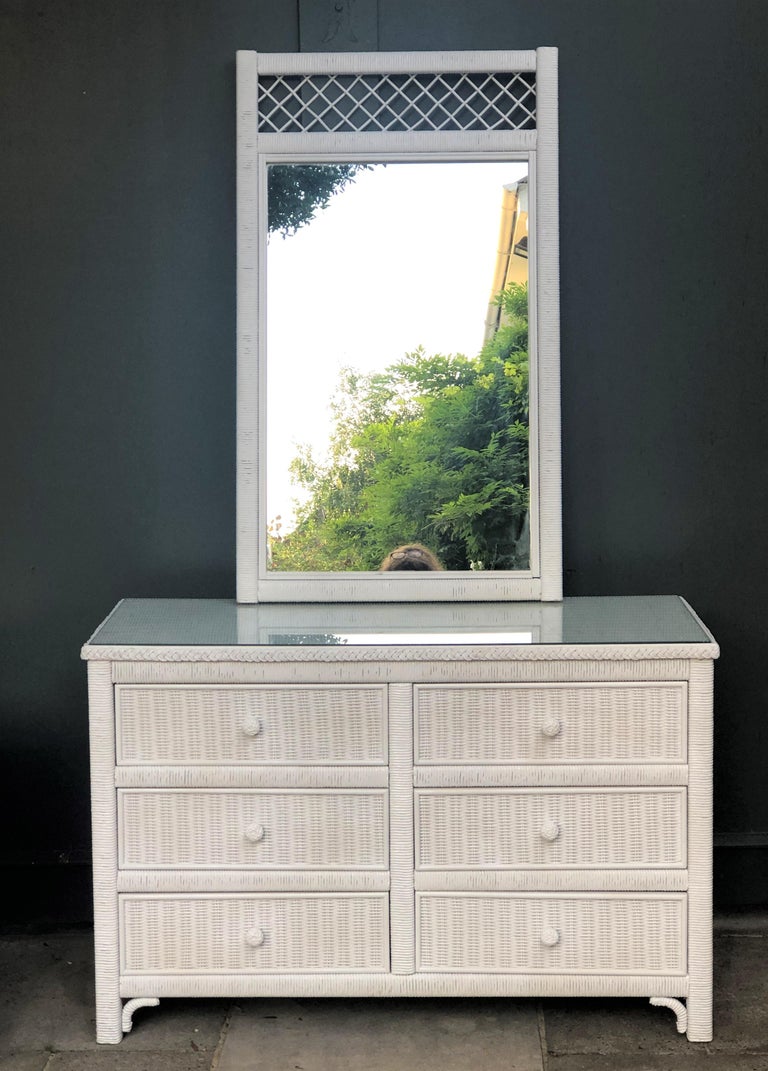 Henry Link Set of White Wicker Bedroom Furniture, Nightstands, Mirror ...