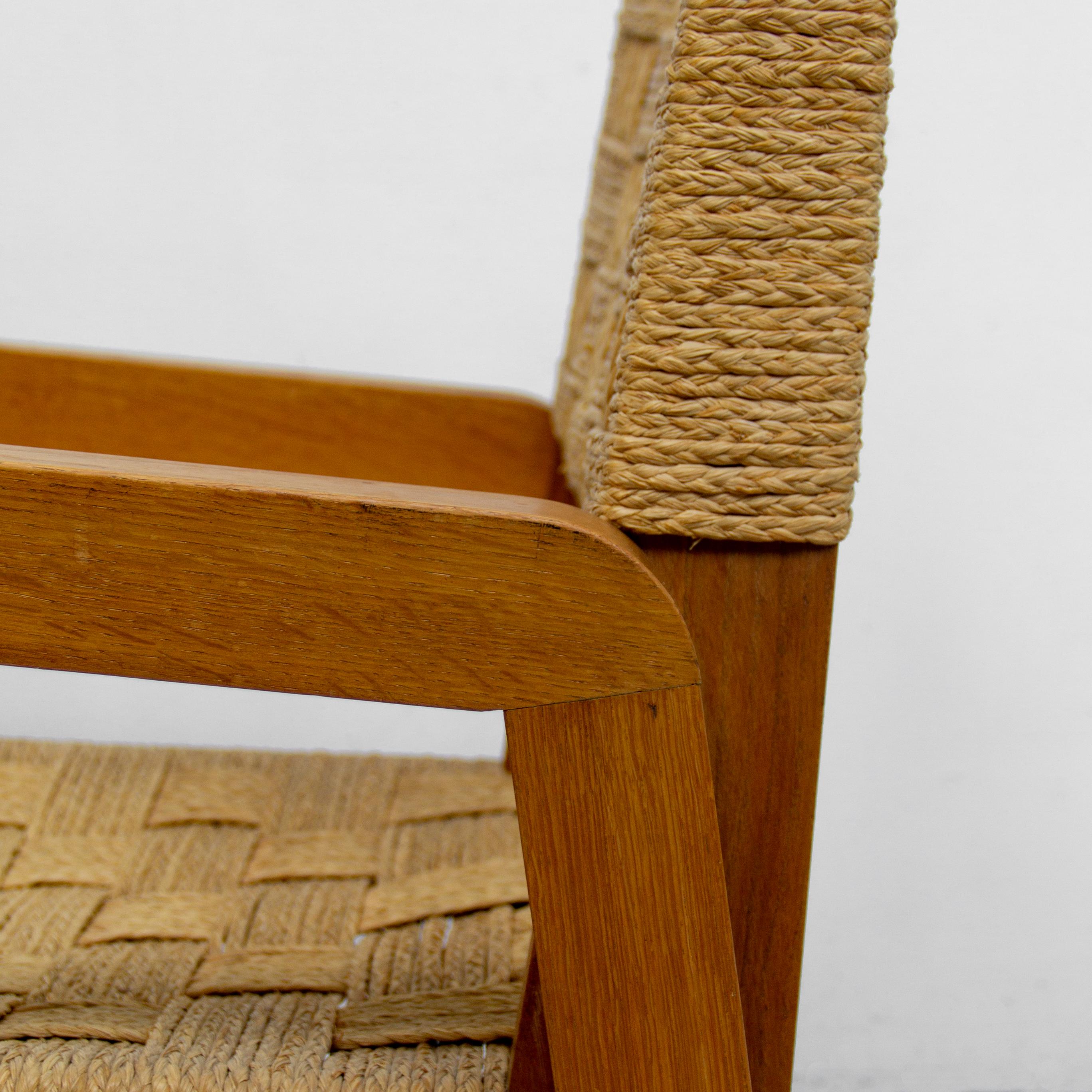 Rare Modernist Bold Oakwood Lounge Chair and Handcrafted Raffia Woven ...