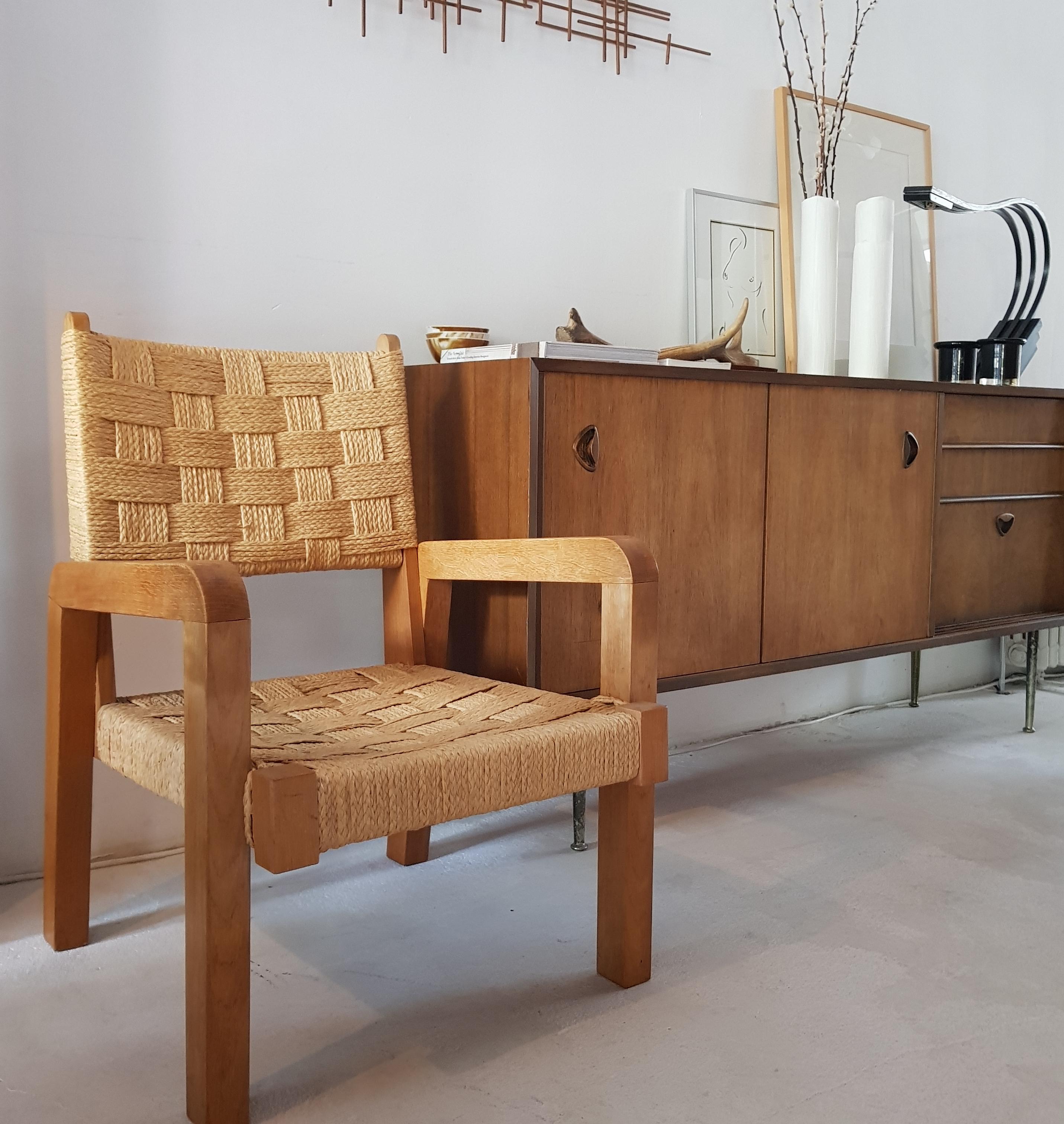 Rare Modernist Bold Oakwood Lounge Chair and Handcrafted Raffia Woven ...