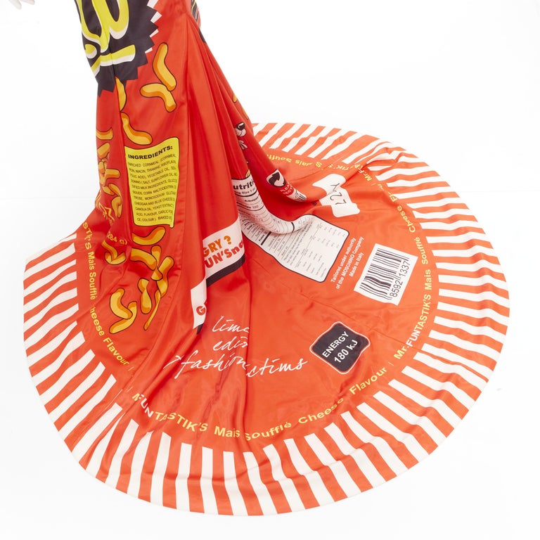 rare MOSCHINO Couture! 2014 Runway orange Cheetos Junk Food print bow ...