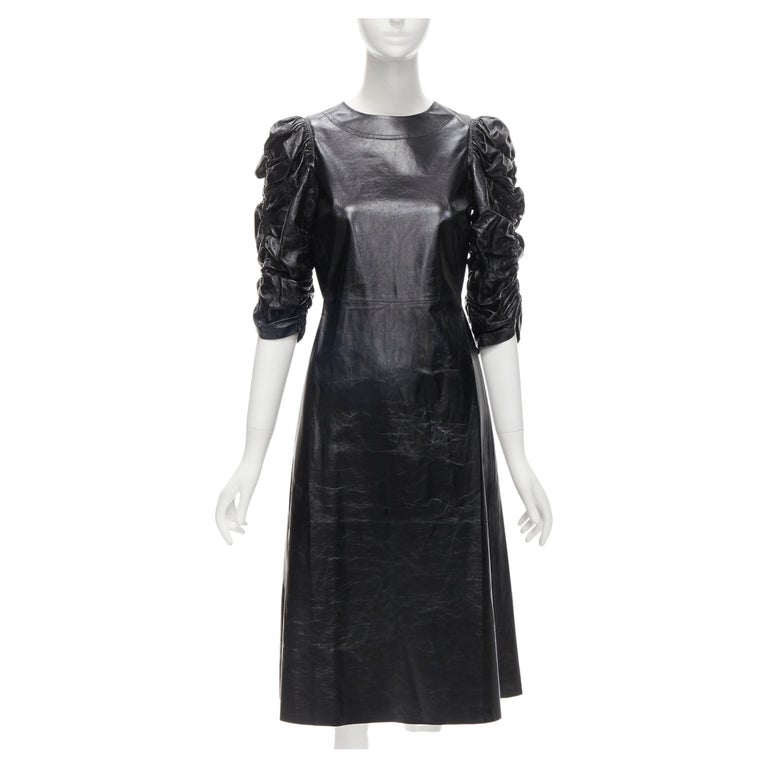 rare OLD CELINE Phoebe Philo black shiney lambskin rusched sleeve dress ...