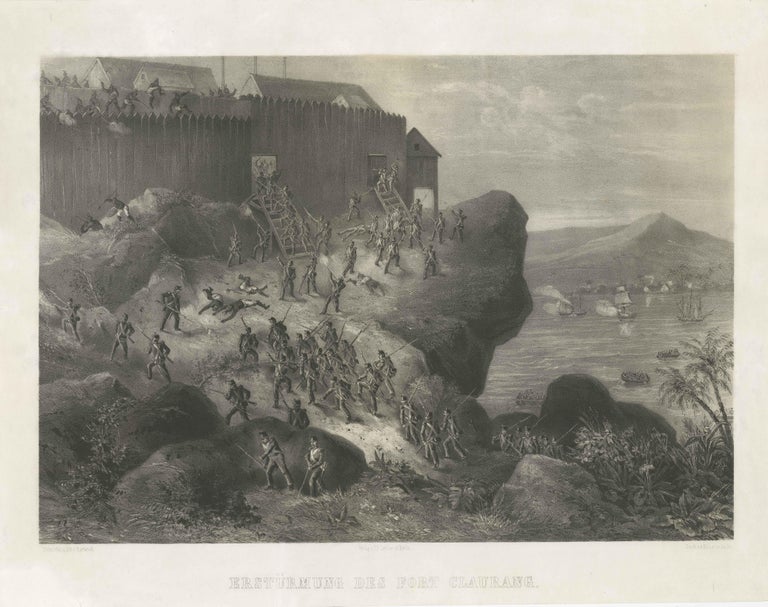 Rare Old Lithograph of the Assault of a Fort in Borneo, Indonesia, ca ...
