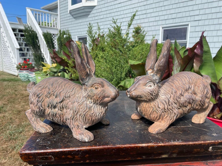 Rare Pair Antique Furry Garden Rabbits Usagi with Fine Details For Sale ...