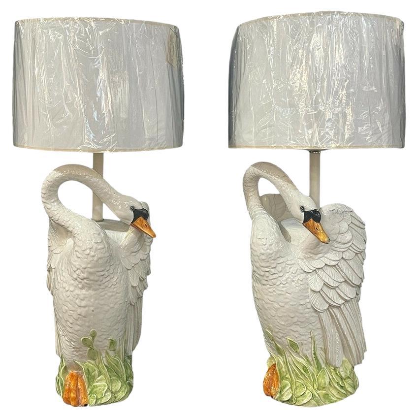 Rare Pair Italian Porcelain Swan Lamps For Sale at 1stDibs