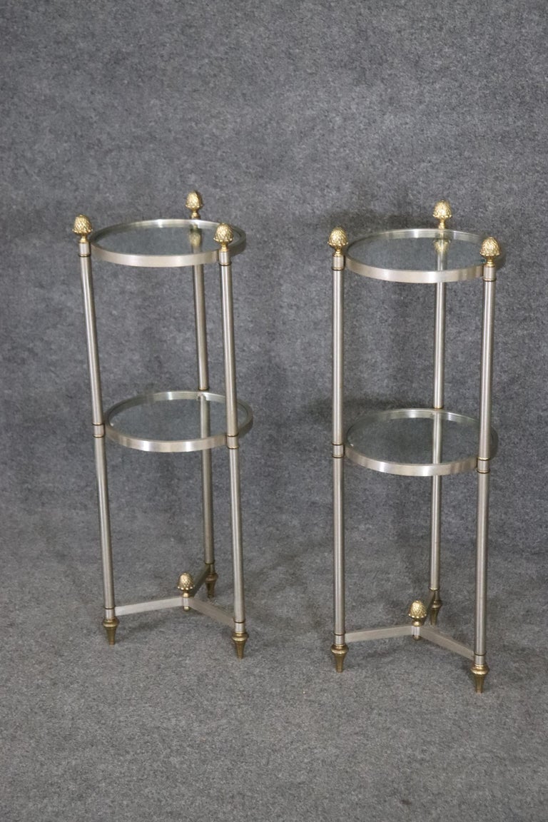 Rare Pair Maison Style Cylindrical Metal Brass Glass Two Tier End ...