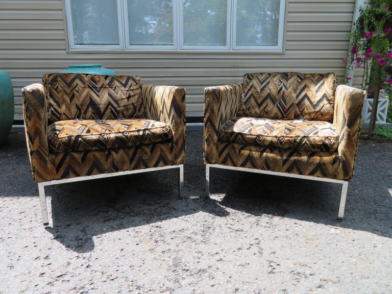 Rare Pair Milo Baughman Chrome Even Arm Tuxedo Lounge Chair Mid-Century ...