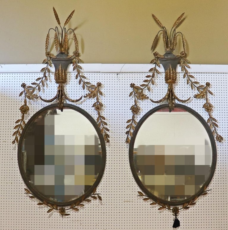 Rare Pair Monumental 80 Inch Brass Adams Style Floral Oval Mirrors ...