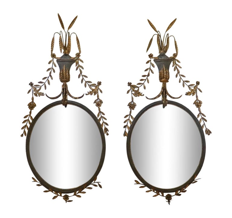 Rare Pair Monumental 80 Inch Brass Adams Style Floral Oval Mirrors ...