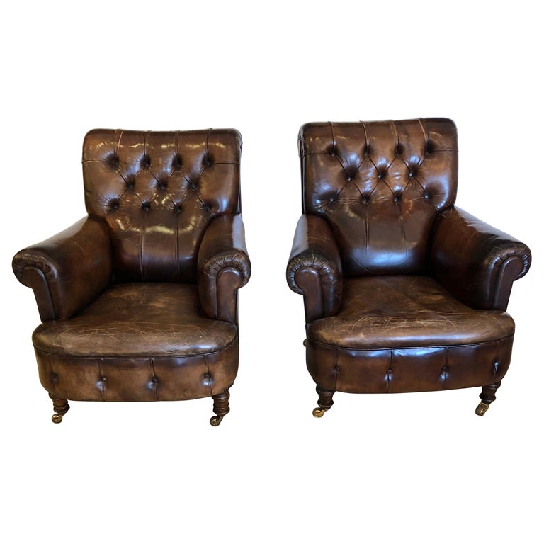 Rare Pair of 19th Century Tobacco Leather Tufted Club Chairs For Sale ...