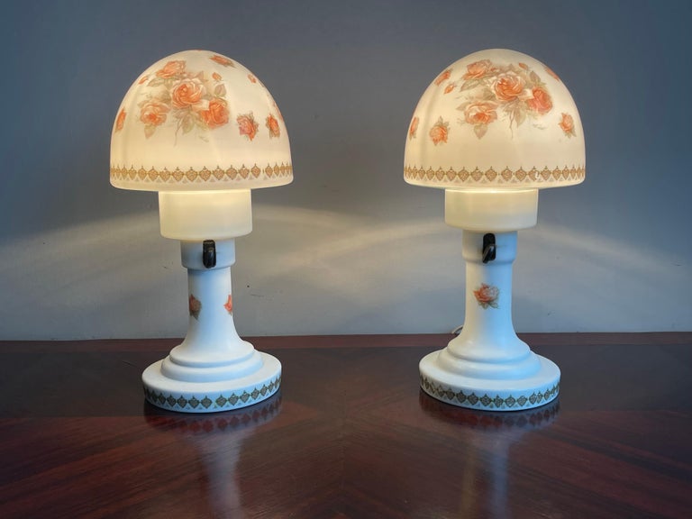 Rare Pair of Antique Glass and Bisque Table Lamps Decorated with Very ...