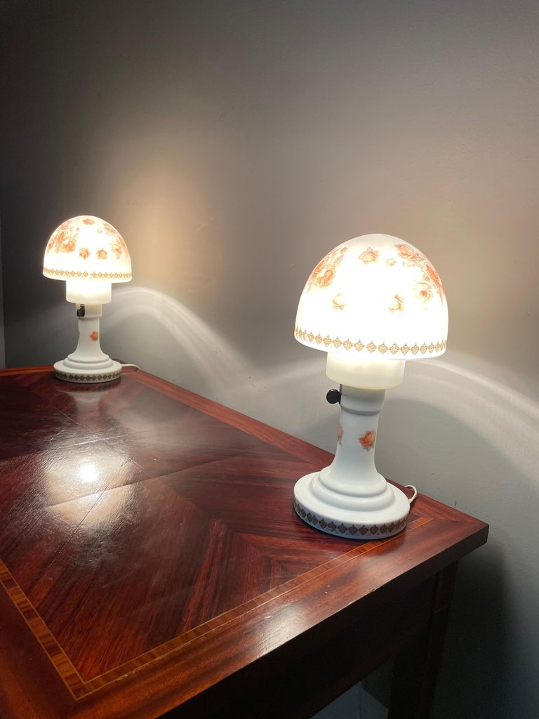 Rare Pair of Antique Glass and Bisque Table Lamps Decorated with Very ...