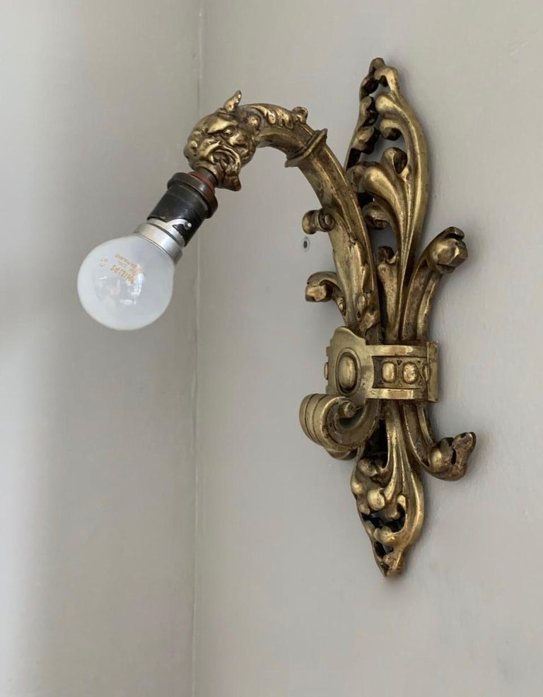Rare Pair of Antique Gothic Revival Bronze Wall Sconces with Dragon ...