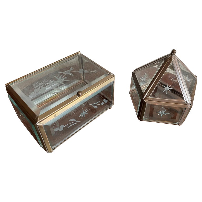Rare Pair of Arts and Crafts Glass and Brass Boxes with Hand Engraved ...