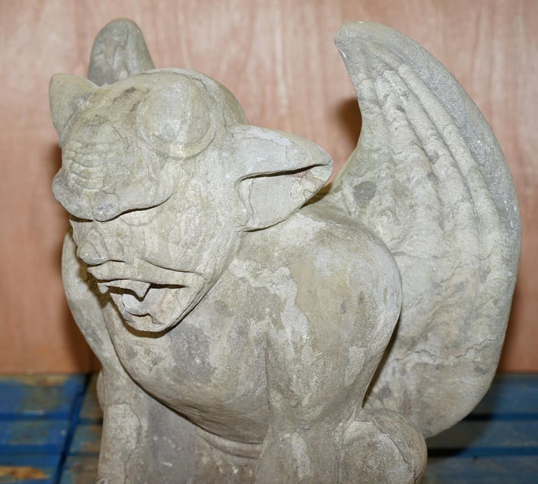 Rare Pair of Large Vintage Solid Carved Granite Rock Gargoyle Statues ...