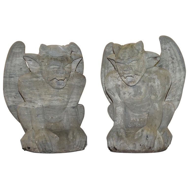 Rare Pair of Large Vintage Solid Carved Granite Rock Gargoyle Statues ...