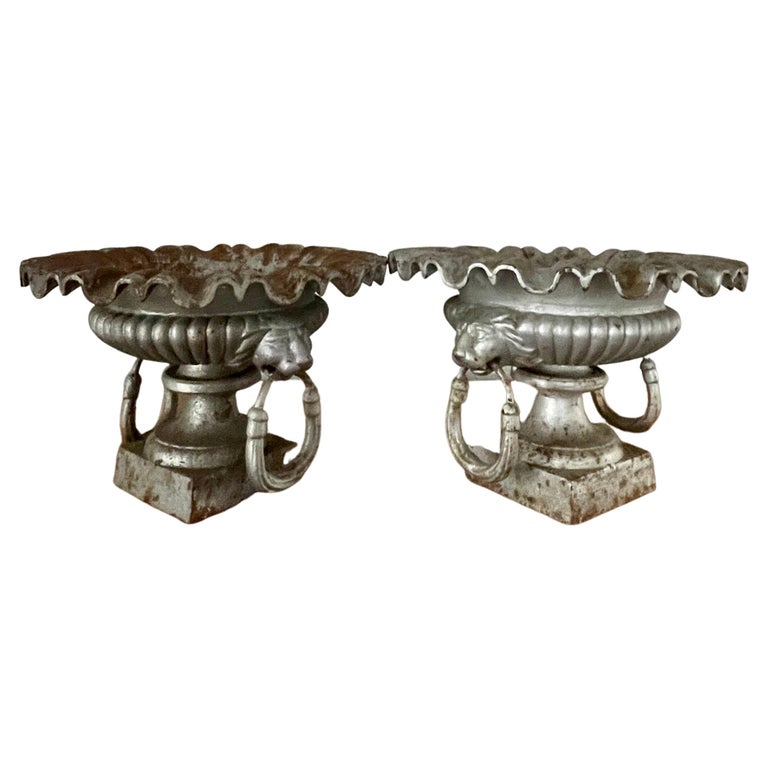 Rare Pair of Small French 19th C Cast Iron Urns with Lion Heads and ...