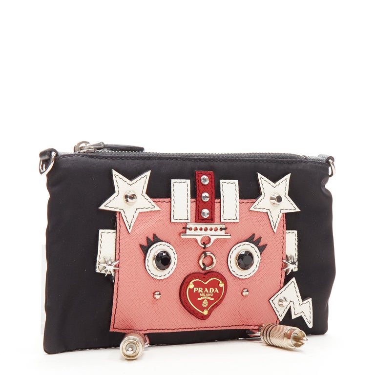 rare PRADA Robot pink saffiano heart logo black Vitello nylon crossbody ...