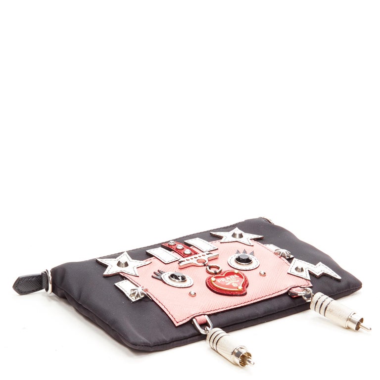 rare PRADA Robot pink saffiano heart logo black Vitello nylon crossbody ...