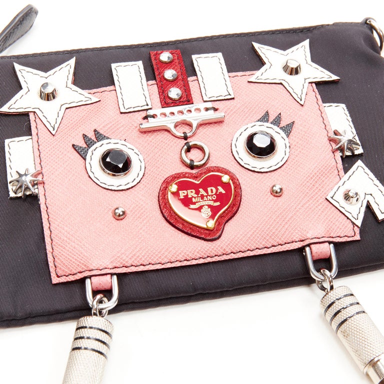 rare PRADA Robot pink saffiano heart logo black Vitello nylon crossbody ...