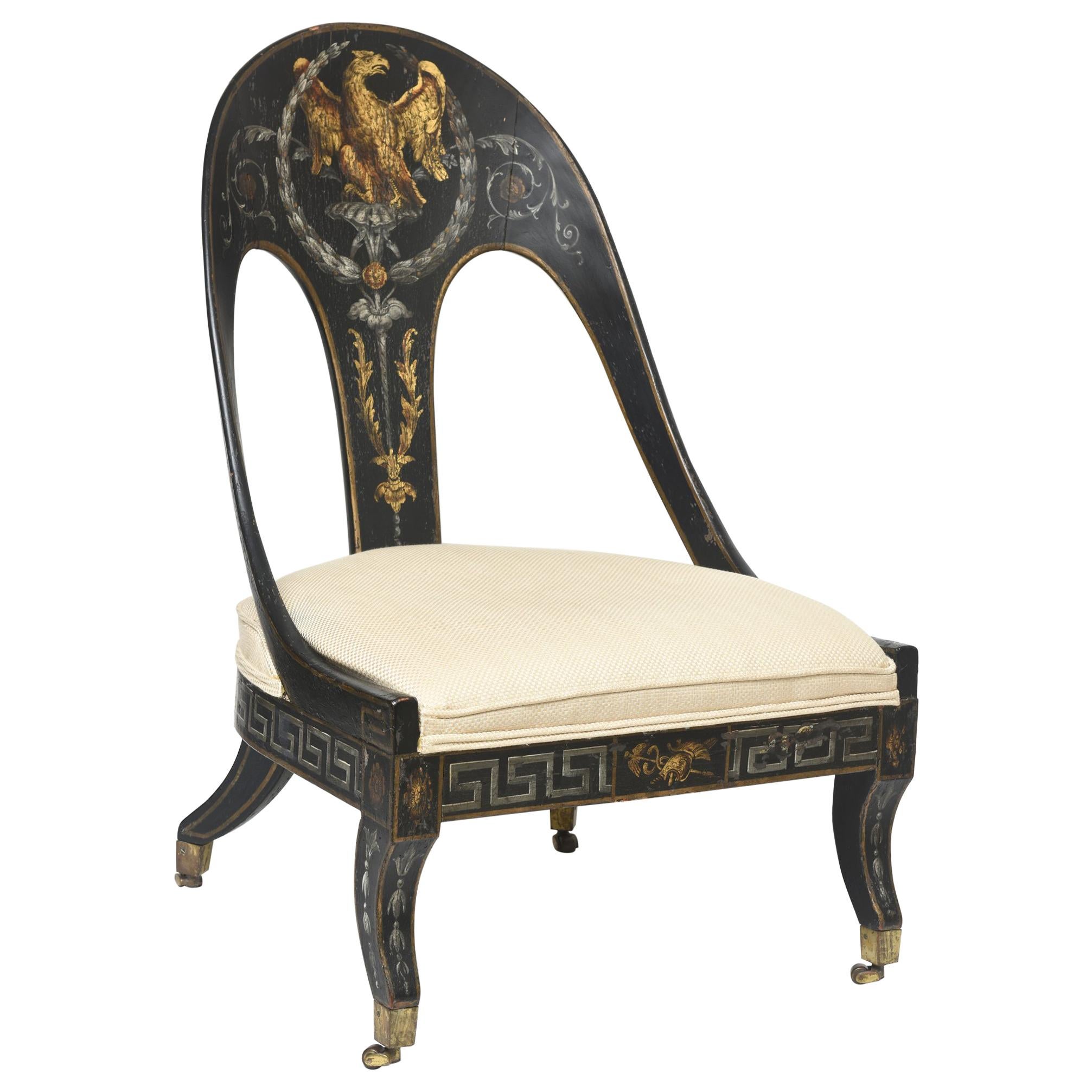 Regency Black Lacquered and Caned Hand Painted English Chair, late 19th ...
