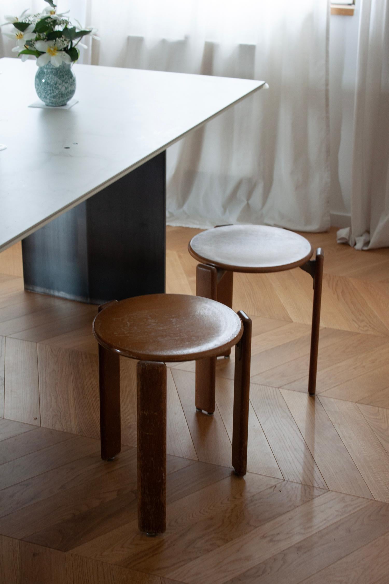 Pair of Rare "Rey" 3 Legged Stacking Stools in Oak by Bruno Rey for ...