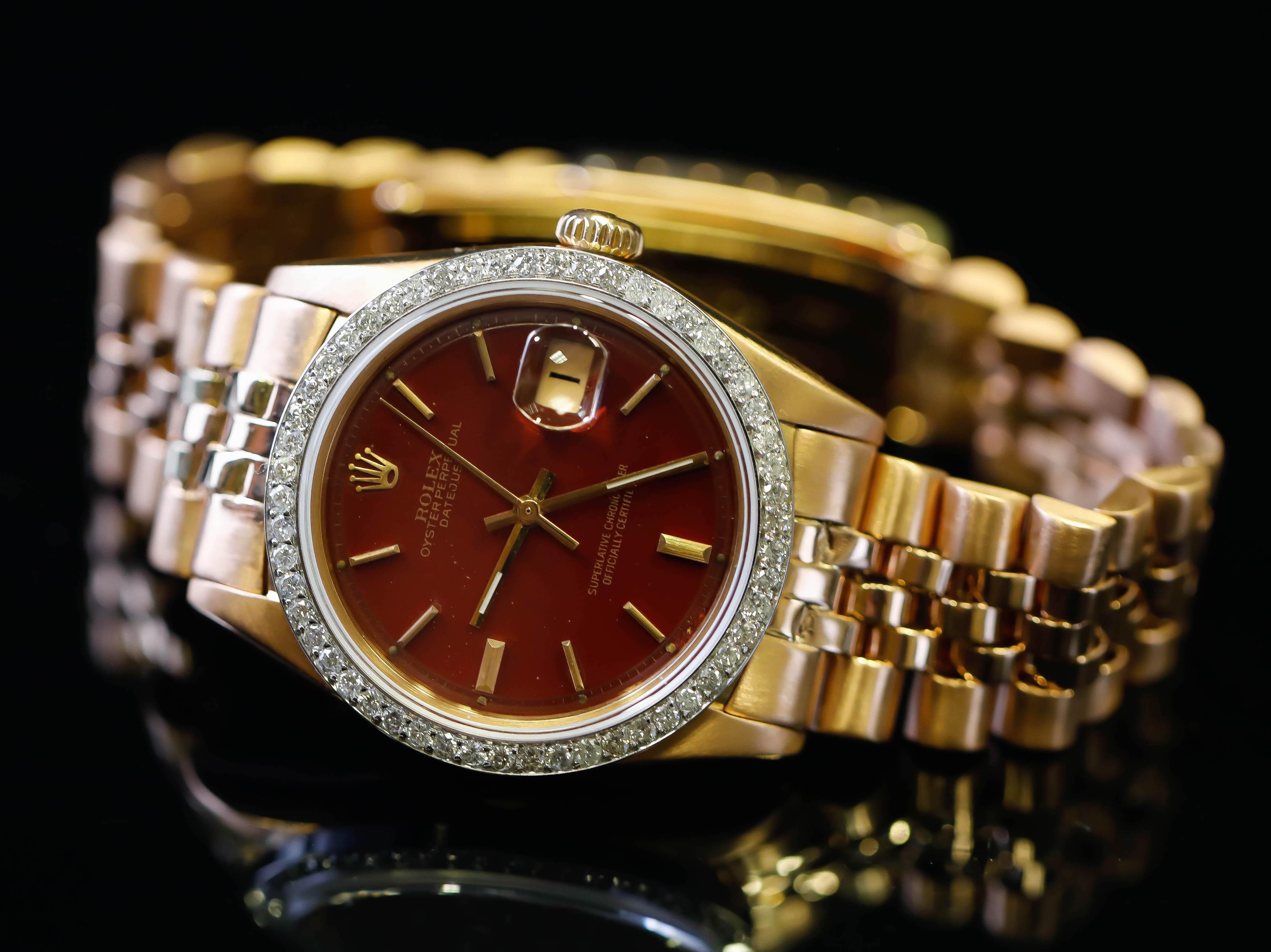 Rare Rolex Datejust 18K Rose Gold Jubilee Custom Diamond Burgundy Dial ...