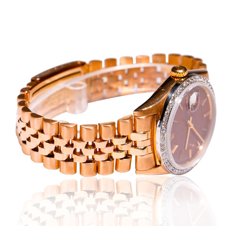 Rare Rolex Datejust 18K Rose Gold Jubilee Custom Diamond Burgundy Dial ...