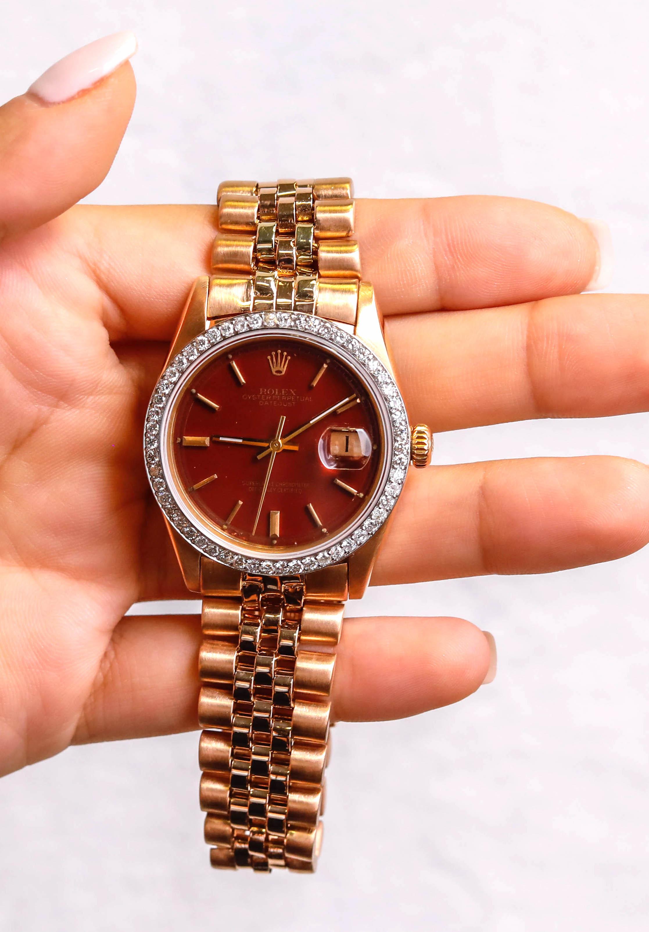Rare Rolex Datejust 18K Rose Gold Jubilee Custom Diamond Burgundy Dial ...