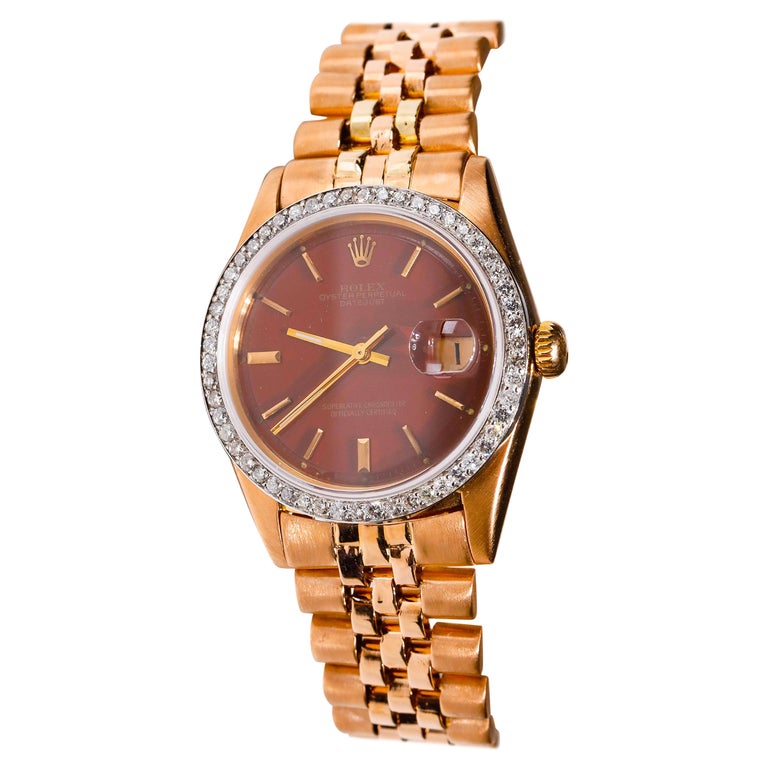 Rare Rolex Datejust 18K Rose Gold Jubilee Custom Diamond Burgundy Dial ...