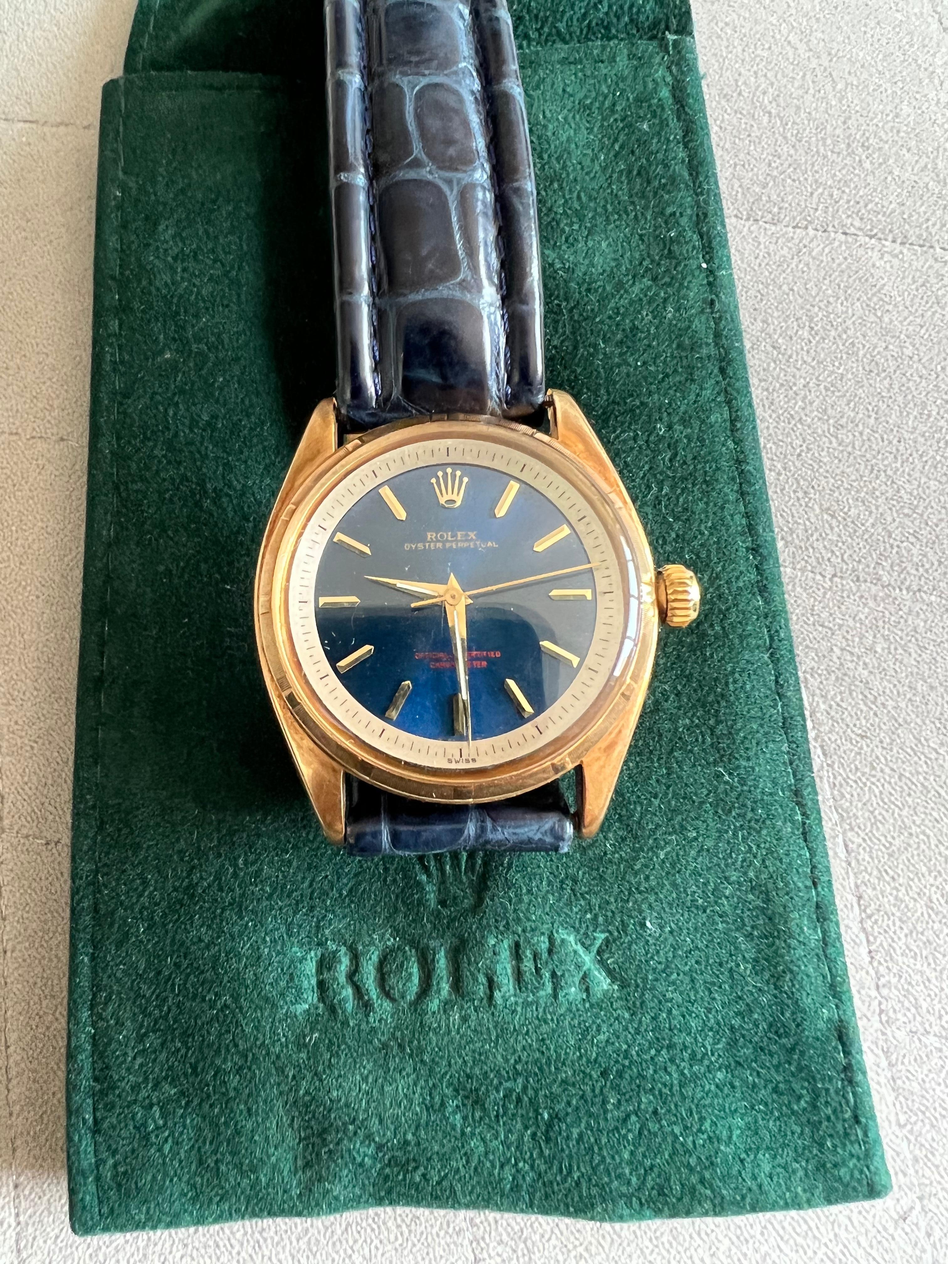 Very Rare Rolex Oyster Perpetual Blue Dial and Gold Case For Sale at ...