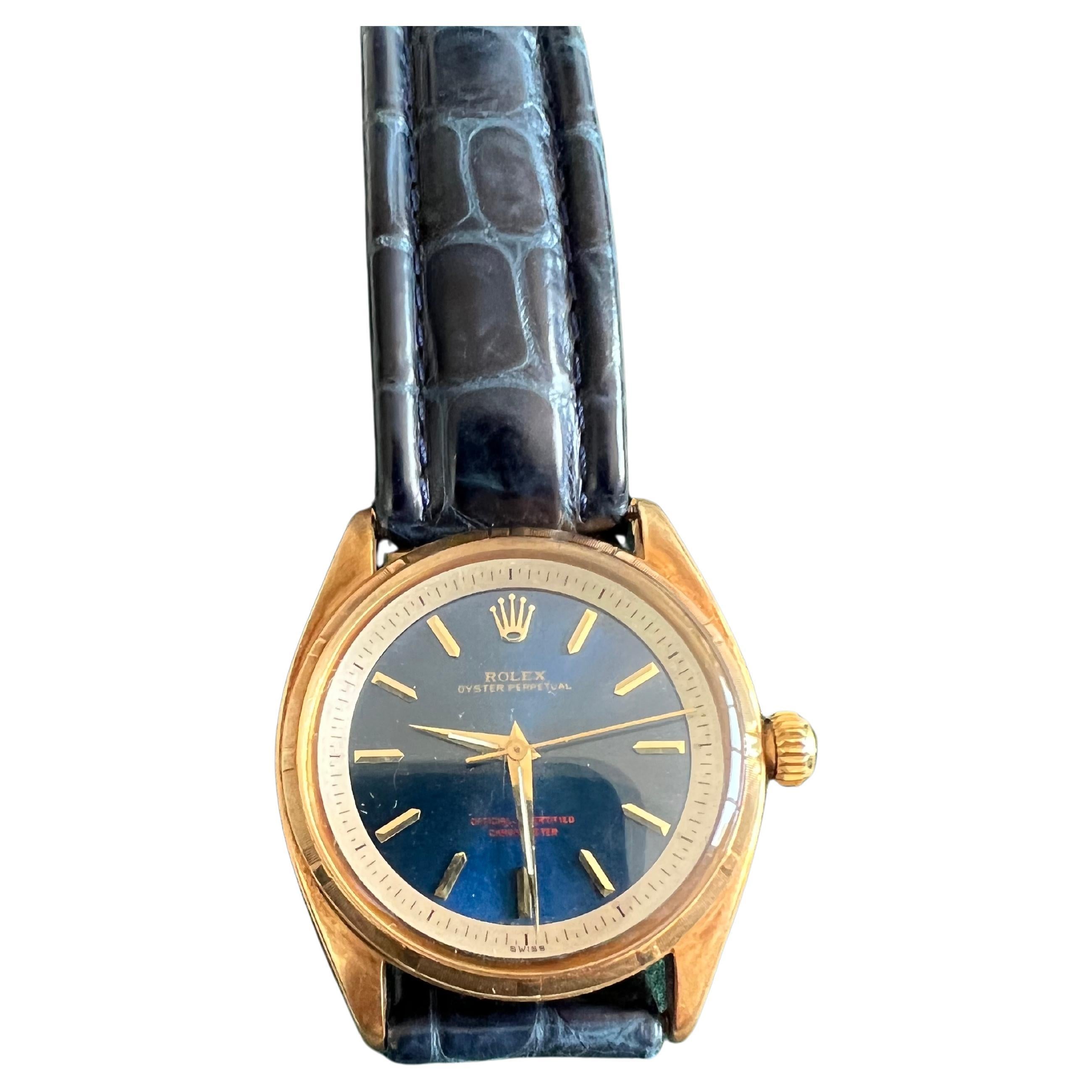 Very Rare Rolex Oyster Perpetual Blue Dial and Gold Case For Sale at ...