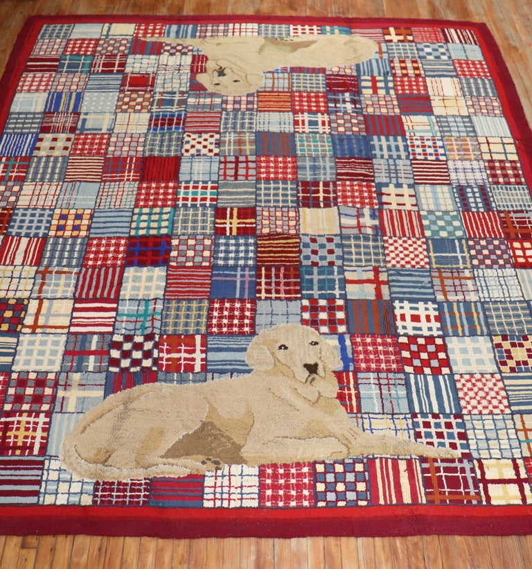 Rare Room Size Large Dog American Hooked Rug For Sale at 1stDibs