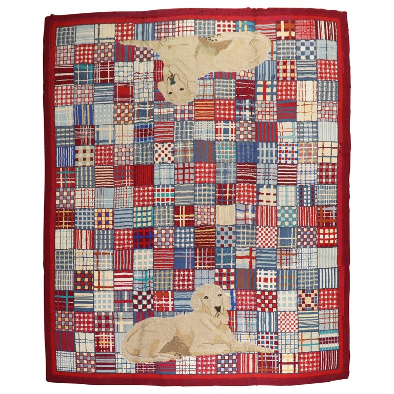 Rare Room Size Large Dog American Hooked Rug For Sale at 1stDibs