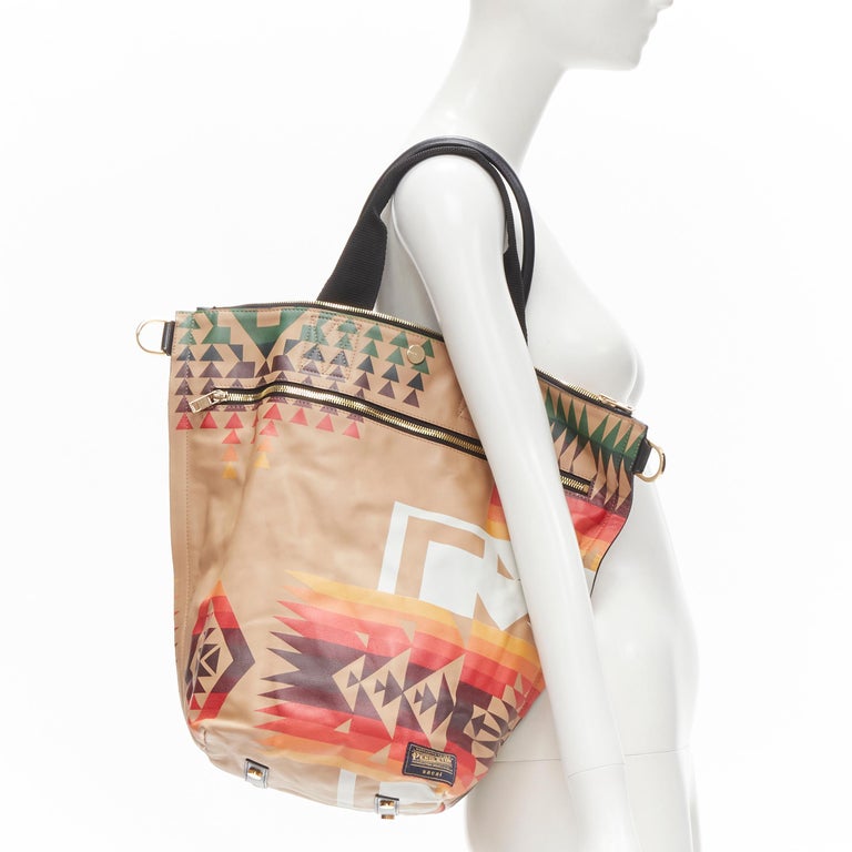 rare SACAI PENDLETON aztec ethnic print brown leather foldover tote bag ...