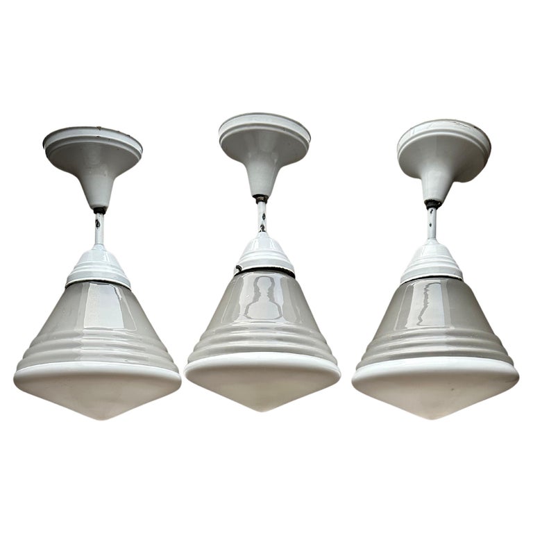 Rare Set of 3 Large Art Deco Style White Enamel and Opaline Glass ...