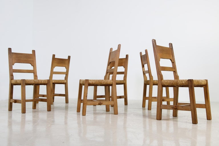 Rustic Set of Six Mid Century Modern Vintage Solid Oak, Rush Chairs ...